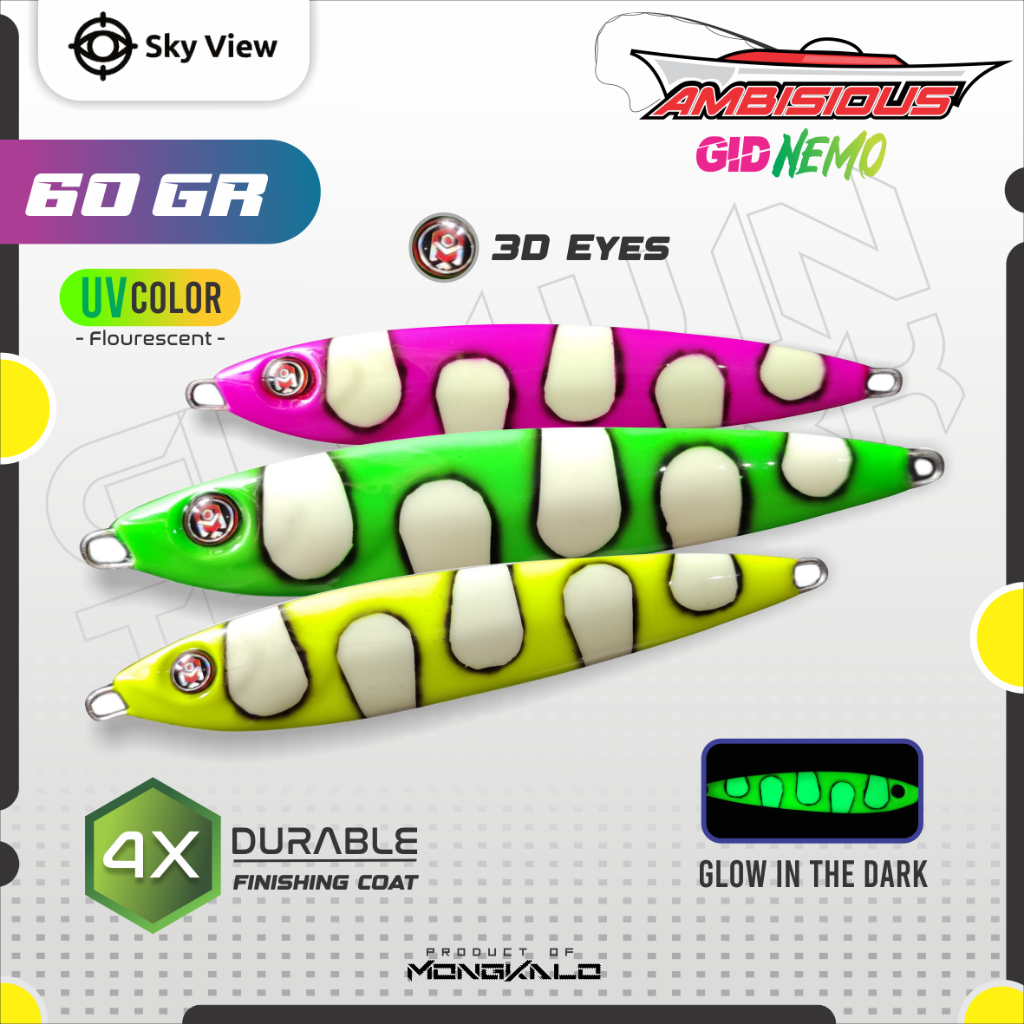 Jual Metal Jig 60 Gram MONGKALO AMBISIOUS NEMO Full GID 60G Metal Jig UV Flourescent Fosfor 60gr ...