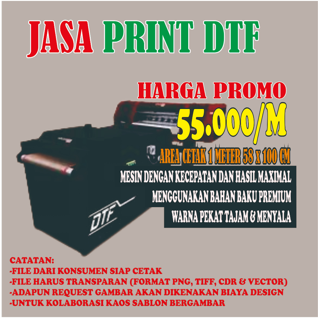 Jual JASA CETAK SABLON SATUAN DAN PARTAI Print DTF 58 x 100cm Meteran | Shopee Indonesia