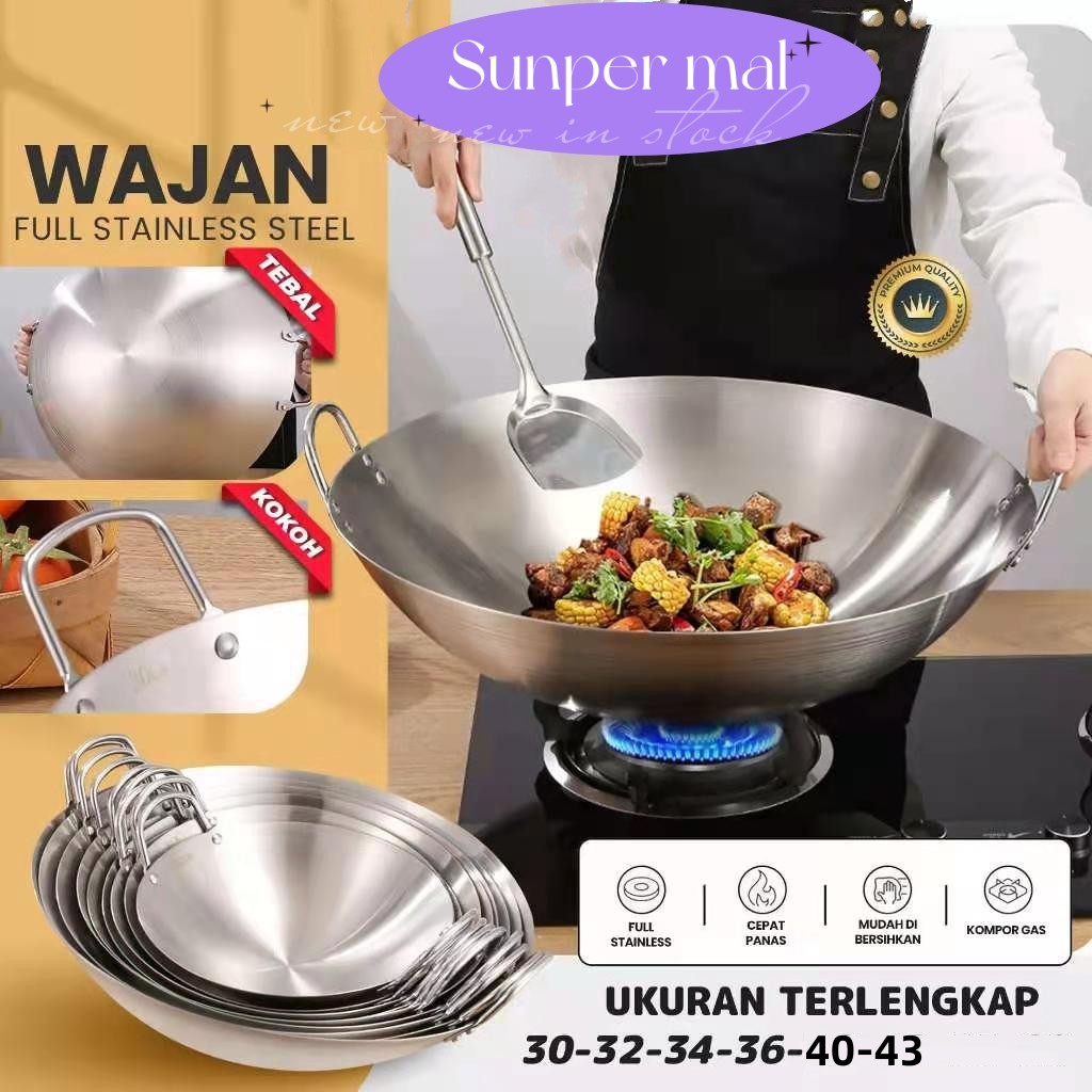 Jual GANOM Wajan Stainless Tebal Kuali Premium Dengan Pegangan | Shopee ...