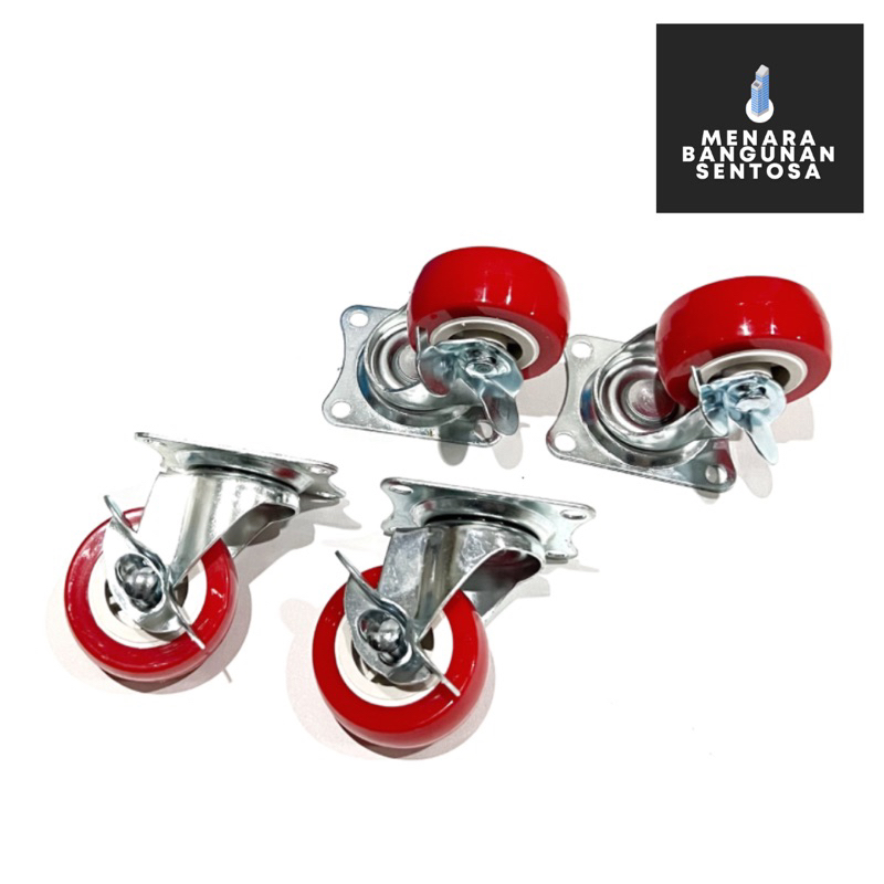 Jual [4PCS] Roda Hidup Nylon Merah + Rem 2" Inch / Kastor Caster Nilon ...