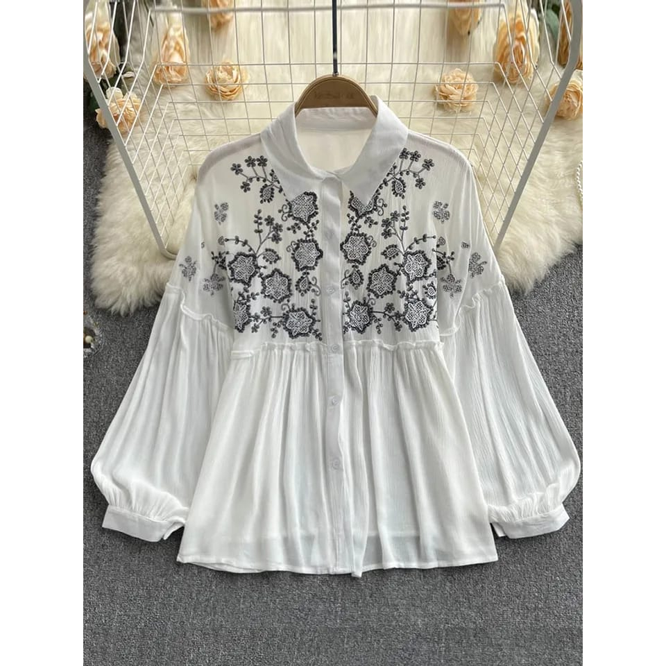 Jual Blouse Wanita Korean Style Flower Bunga Bordir Baju Atasan ...