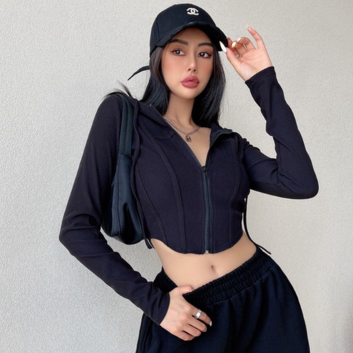 Jual [Premium] Cropped Drawstring Full Zip Hoodie Sweatshirt 7444 (S/M ...