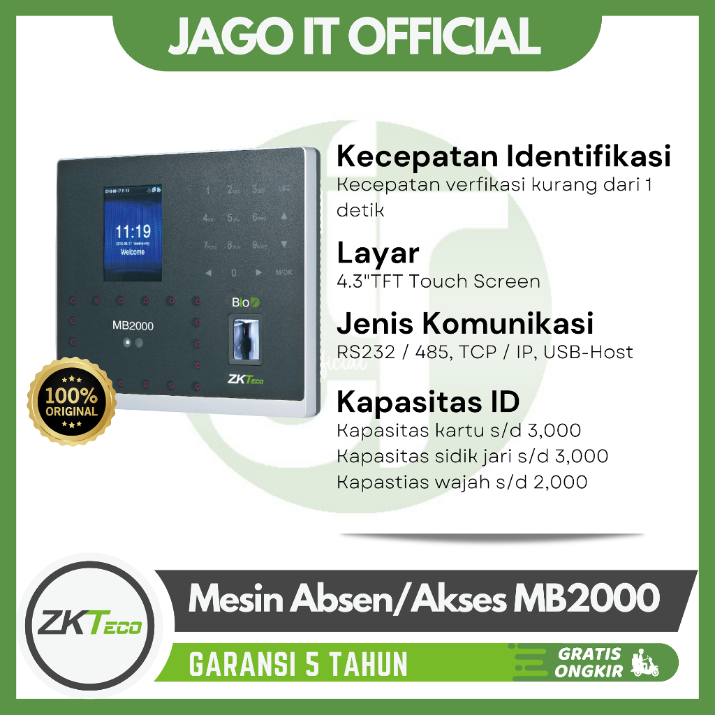 Jual Mesin Absensi | Mesin Absen Wajah | Akses Kontrol ZKTeco MB2000 Modul Proxi 125 Khz ...