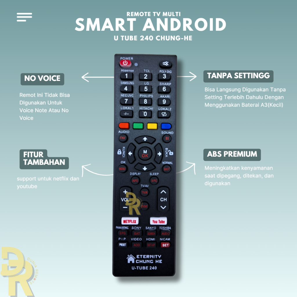 Jual Remot Remote Multi Universal U TUBE 240 SMART ANDROID LED LCD berbagai merk (tcl, changhong ...