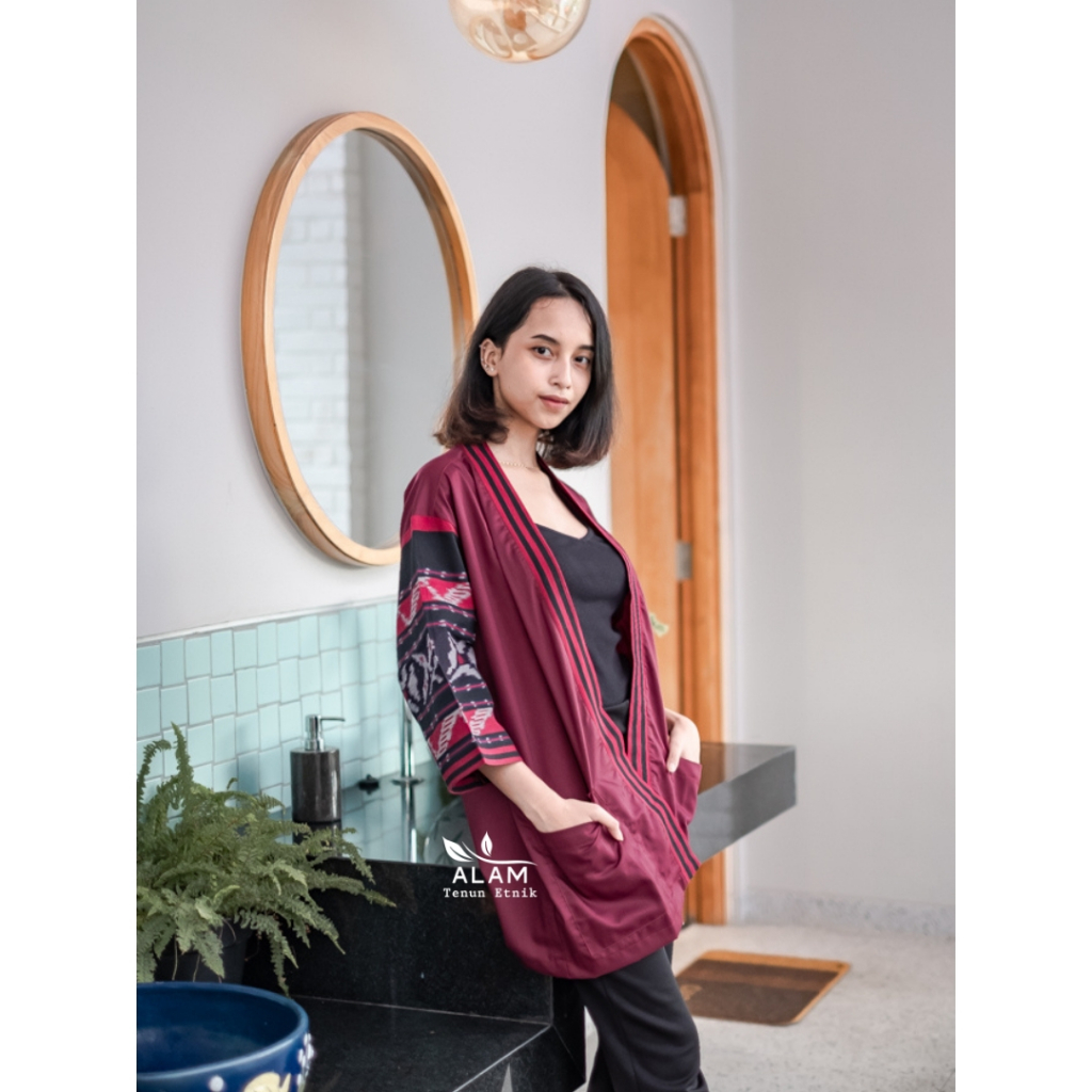 Jual Kimono Maroon Tenun Etnik Pria Wanita Baju Cadigan Outer Tenun ...