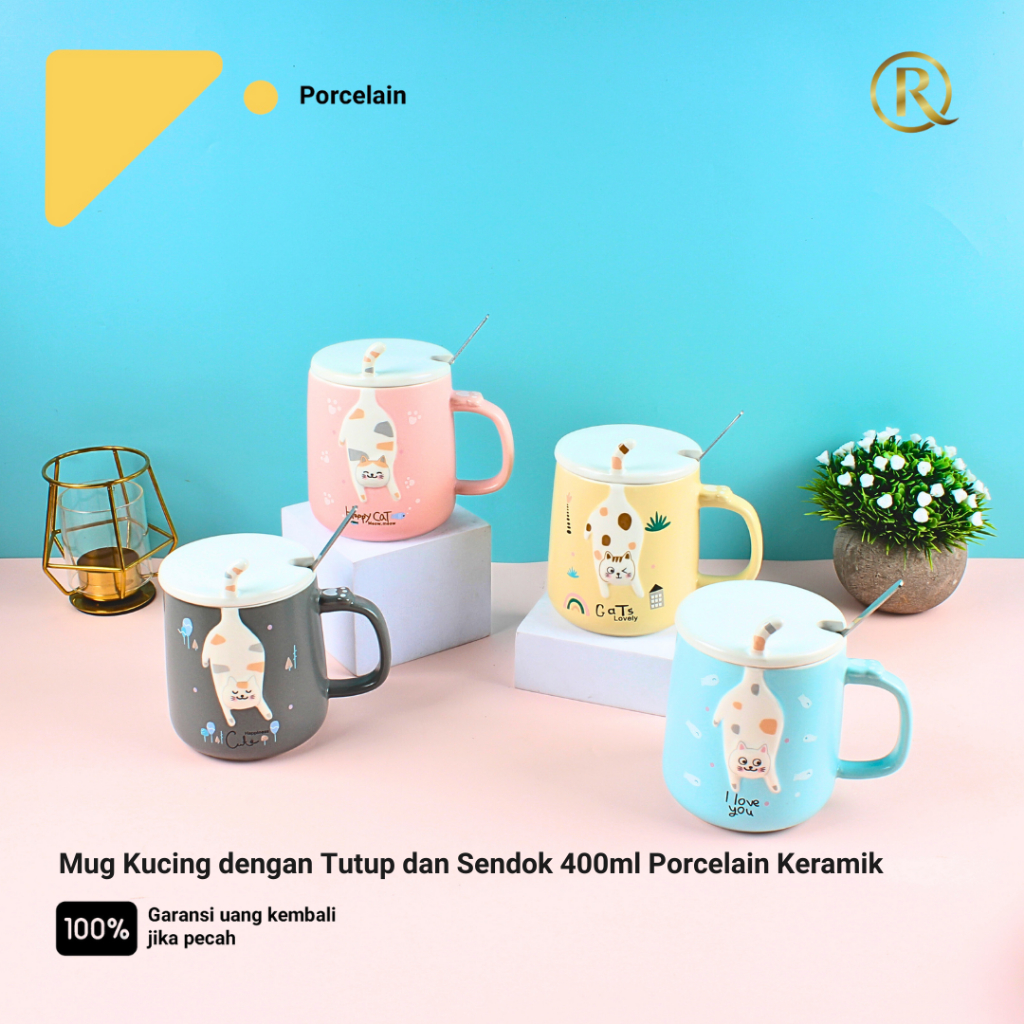 Jual Mug Kucing dengan Tutup dan Sendok 400ml Porcelain Keramik ...
