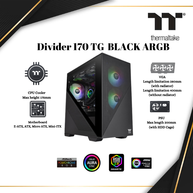 Jual Thermaltake Divider 170 TG ARGB Micro Chassis Black ╽CA-1S4-00S1WN ...