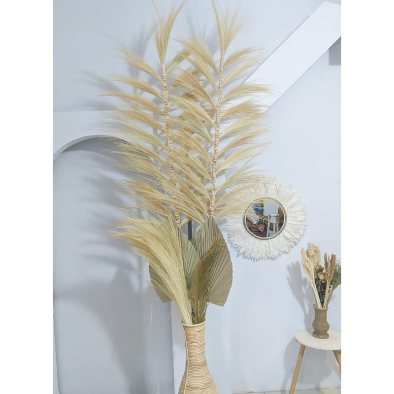 Jual Paket Bunga Kering Rayung Stick dan vas rotan 70cm/Daun Palem ...