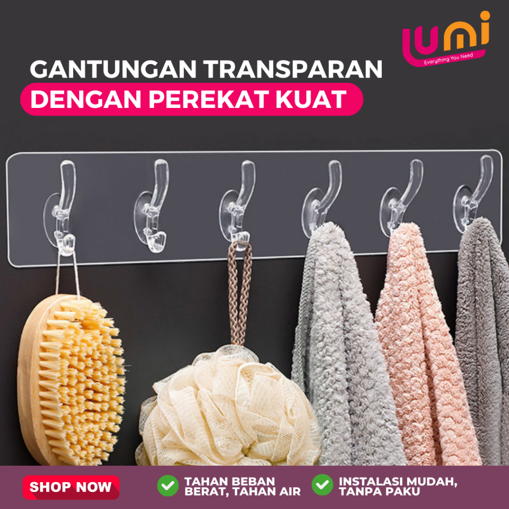 Jual Gantungan Hook Tempel Dinding 6 Kait Transparan Serbaguna ...