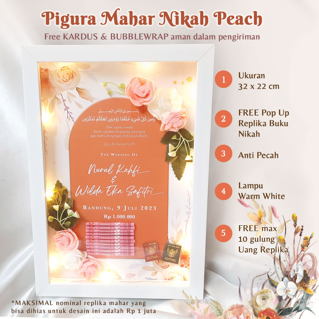Jual Bingkai Mahar Nikah dengan Bunga PEACH sudah termasuk packing aman ...