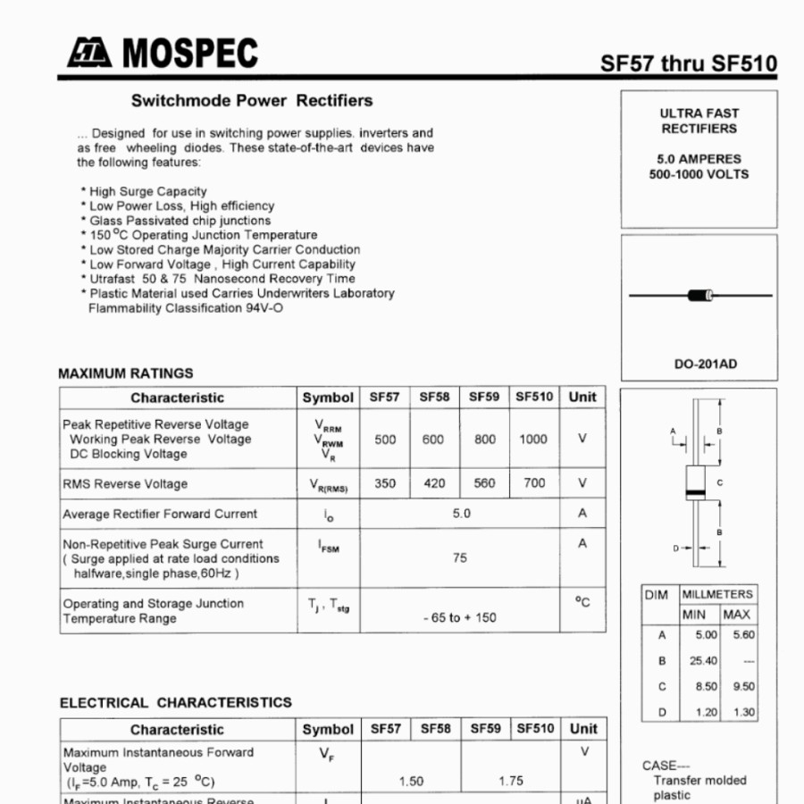 Jual DIODA DIODE SF58 SF 58 SUPER ULTRA FAST RECTIFIERS 5A 600V DO-201AD | Shopee Indonesia