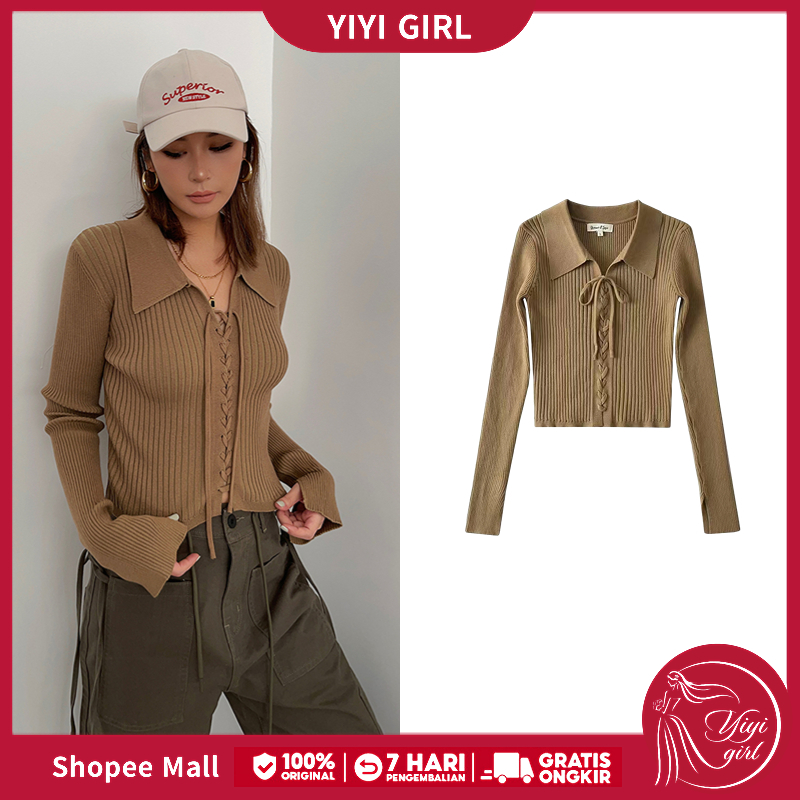 Jual YIYI GIRL Korean Baju Atasan Wanita Rajut Lengan Panjang Polos Casual Top | Shopee Indonesia