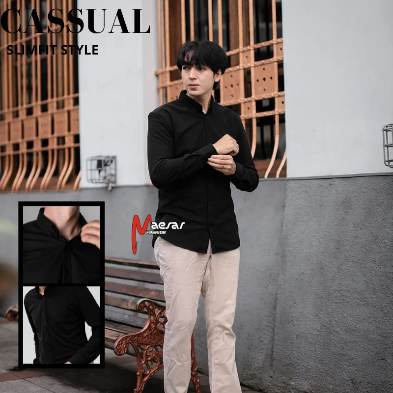 Jual Maesar Fashion Kemeja Hitam Pria Lengan Panjang Premium Bahan ...