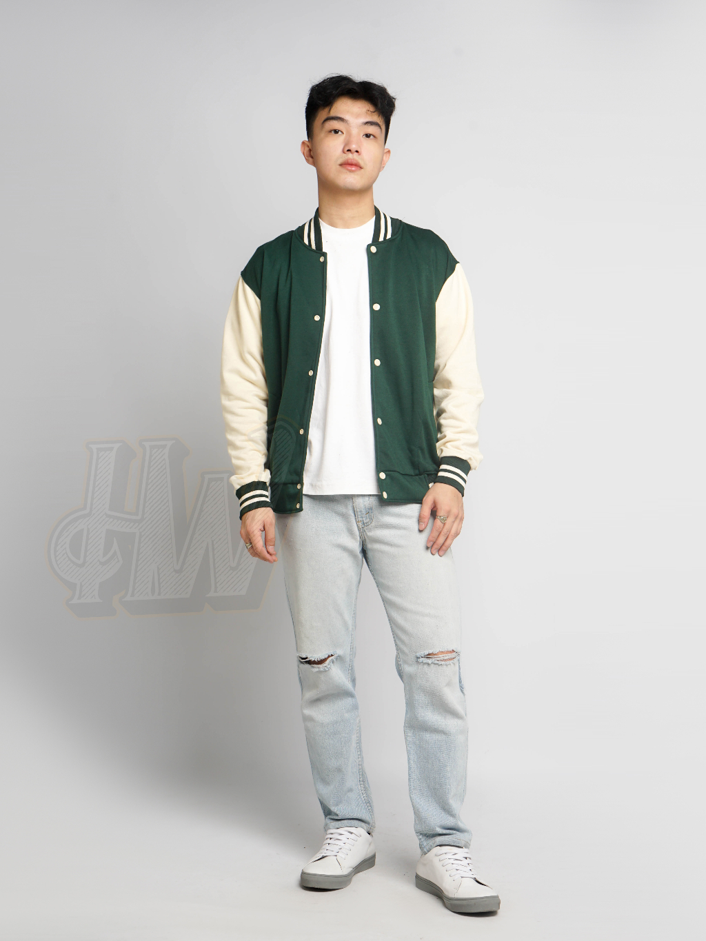 Jual Jaket Basebal Varsity Kancing Hijau Tangan Cream Polos Pria dan ...