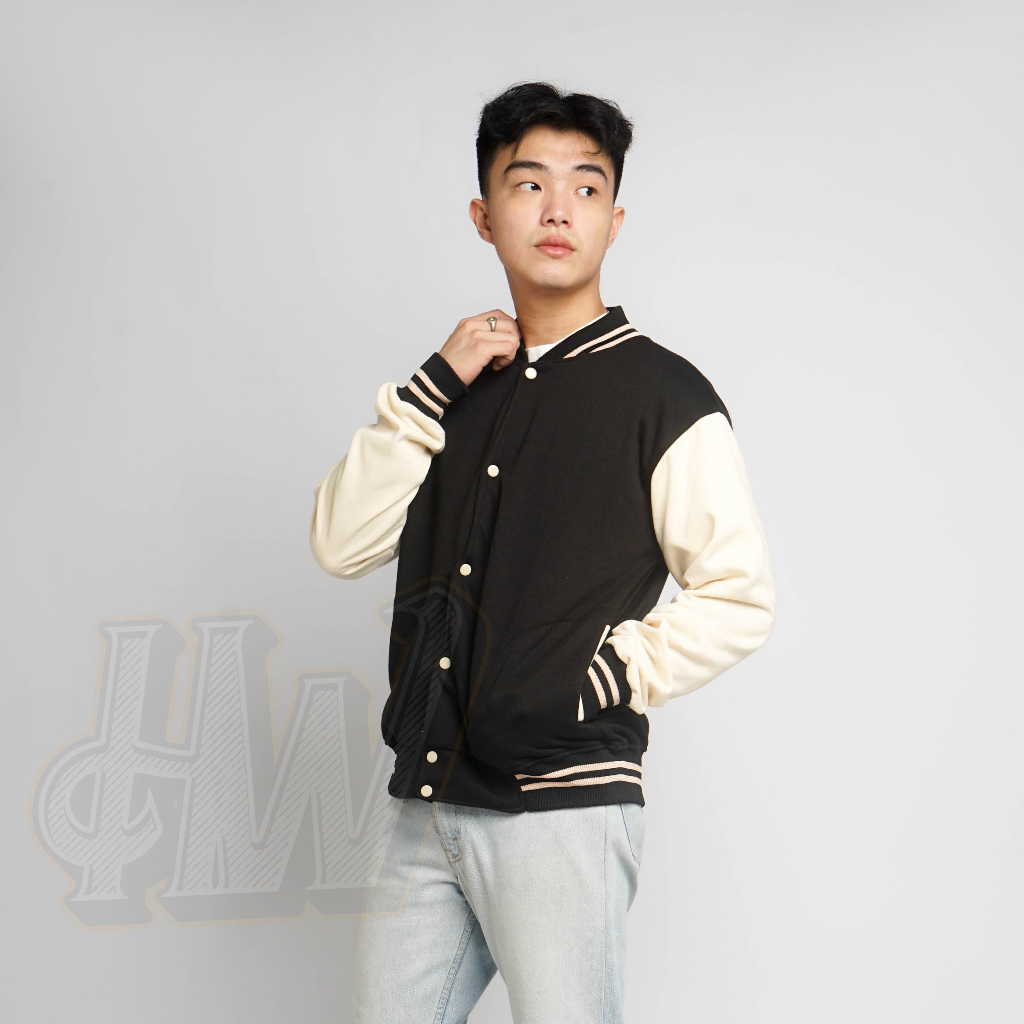 Jual Jaket Basebal Varsity Kancing Hitam Tangan Cream Polos Pria dan ...
