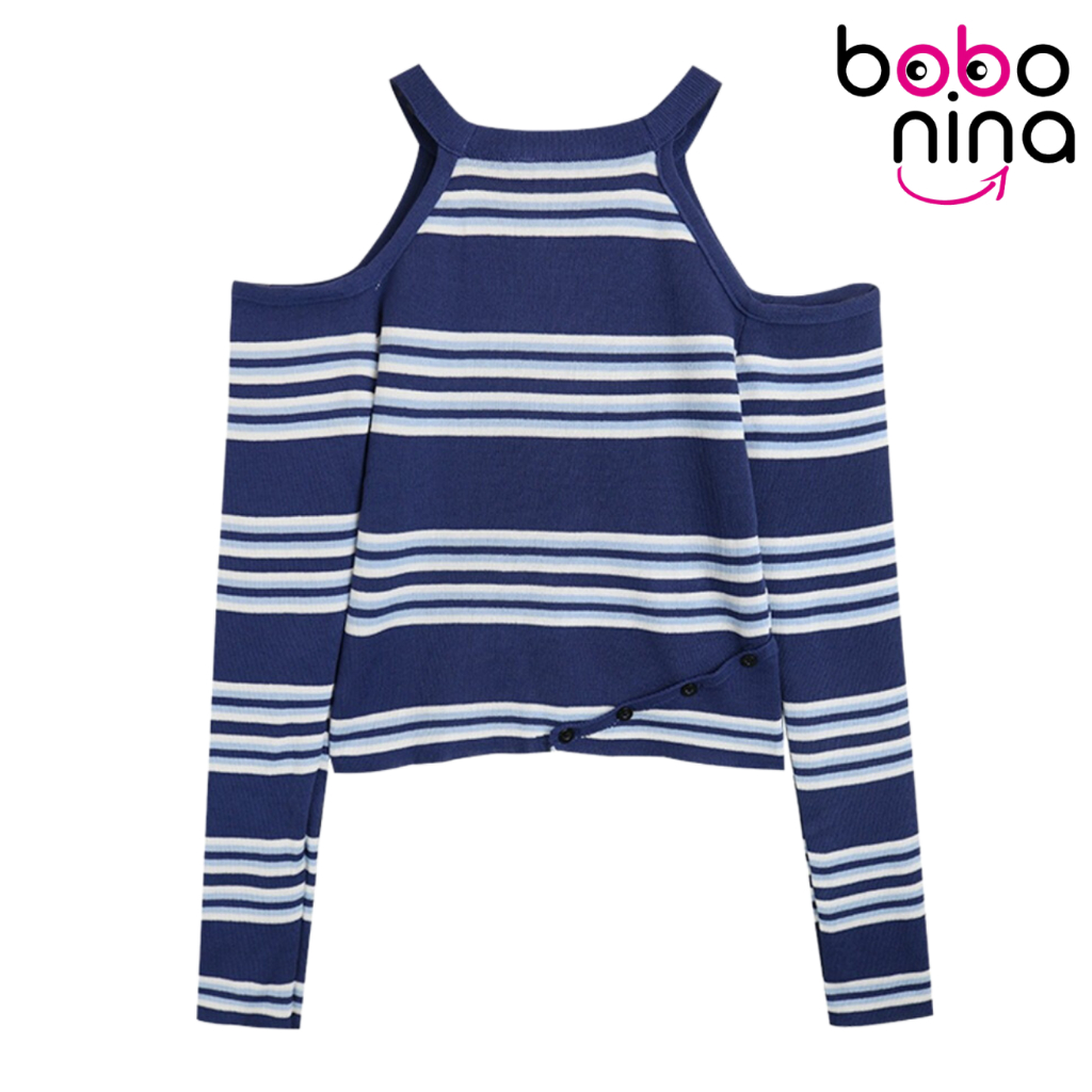 Jual Ninabobo SL026 Atasan Lengan Panjang Off Shoulder Stripe Halter ...