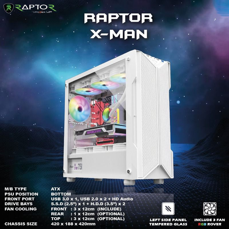 Jual Casing PC Gaming Power UP Raptor X-Man Free 3Fan RGB M-ATX black ...