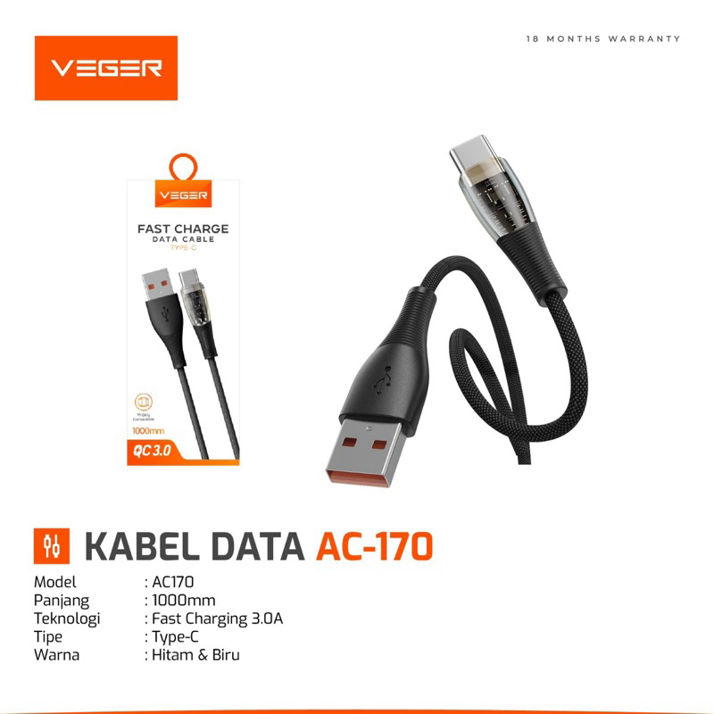 Jual VEGER AC-170 Cable Data USB Type-C Fast Charging 3.0A / Kabel data ...