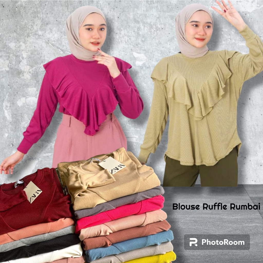 Jual Blouse Rib Ruffle Rumbai Lengan Panjang // Kaos Lengan Panjang ...