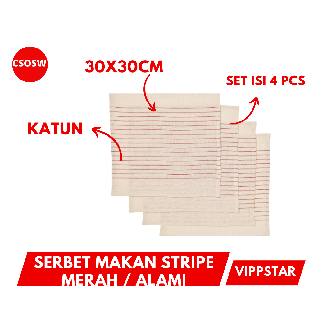 Jual Serbet Makan Kain Katun Alami Stripe Merah 30x30Cm VIPSTAR Table ...