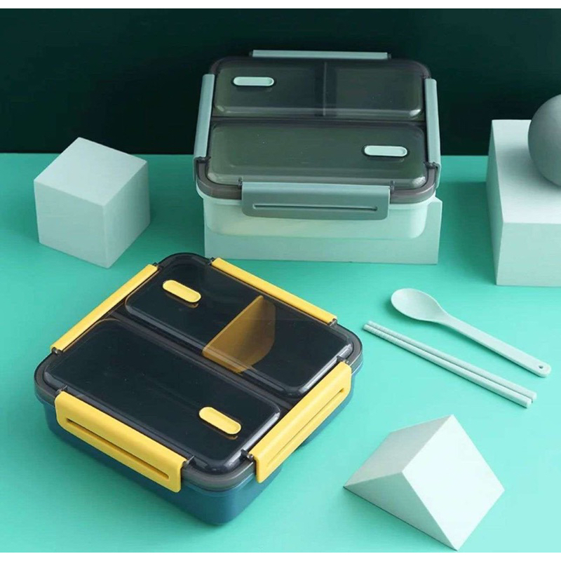 Jual Kotak Bekal Makan Siang 1100ml Lunch box 3 Sekat anti tumpah Free Sendok Garpu Portable ...