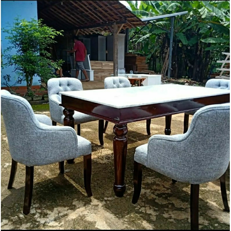 Jual Meja makan marmer kayu jati 6 kursi | Shopee Indonesia