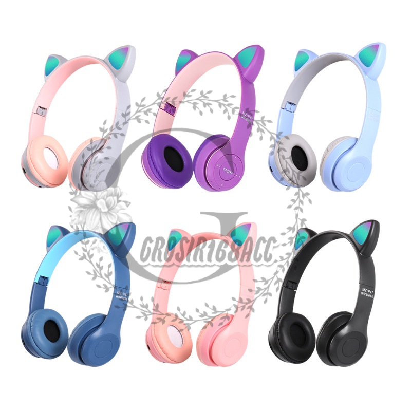 Jual HEADPHONE WIRELESS BLUETOOTH LED CAT EARS P47 M HEADSET BANDO ...