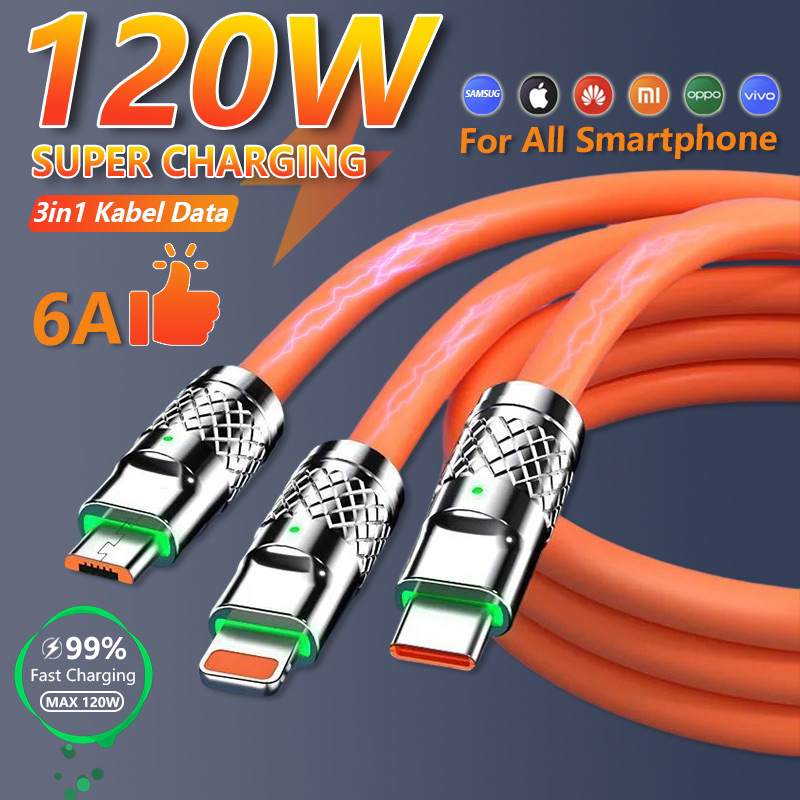 Jual 120W KABEL DATA 3in1 SUPER FAST CHARGING CABANG 3 USB MICRO/ TYPE C/ LIGHTNING IPHONE 5 6 7 ...