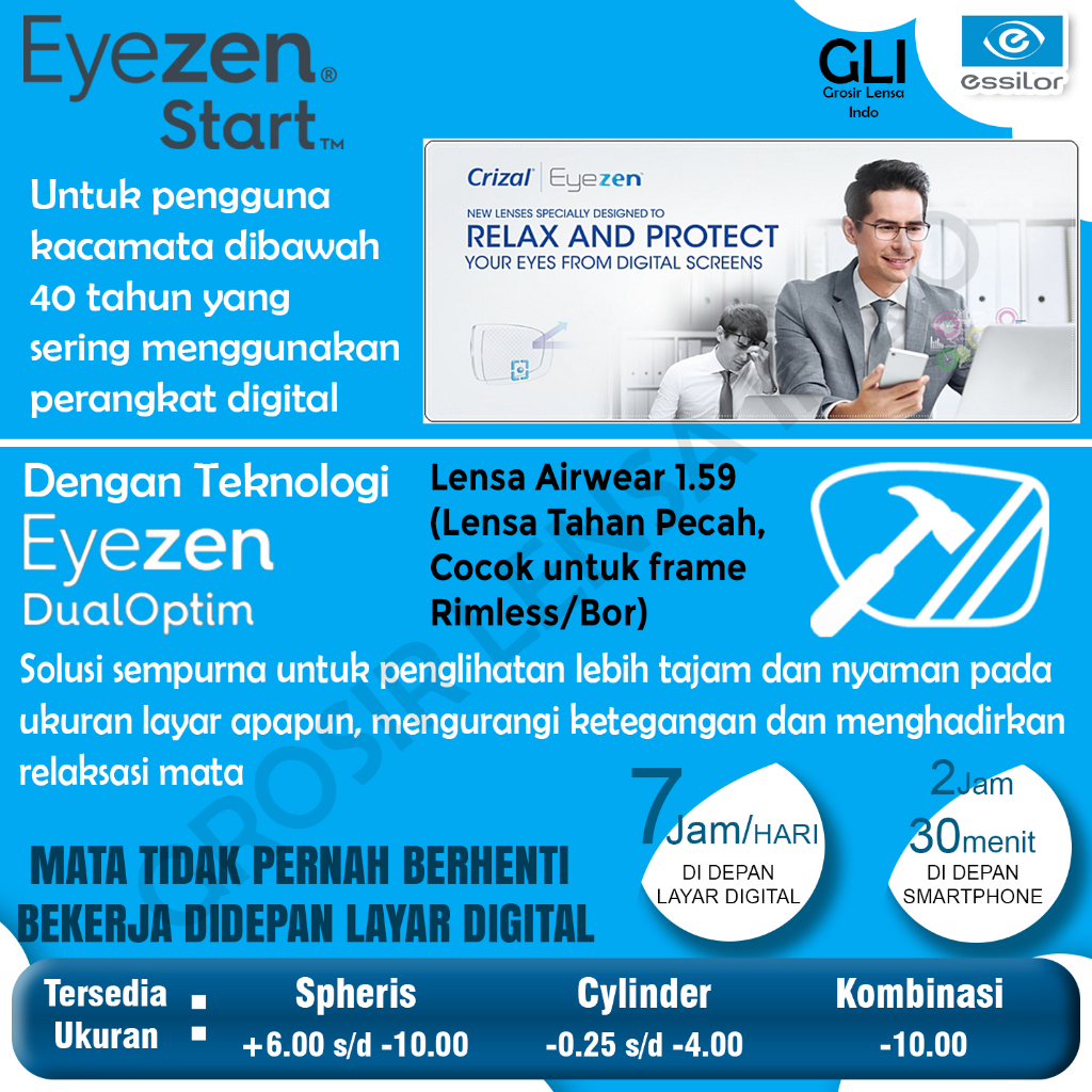 Jual Lensa Essilor Eyezen Start Airware 1.59 CRIZAL SAPPHIRE / OPTIFOG / PREVENCIA | Shopee ...