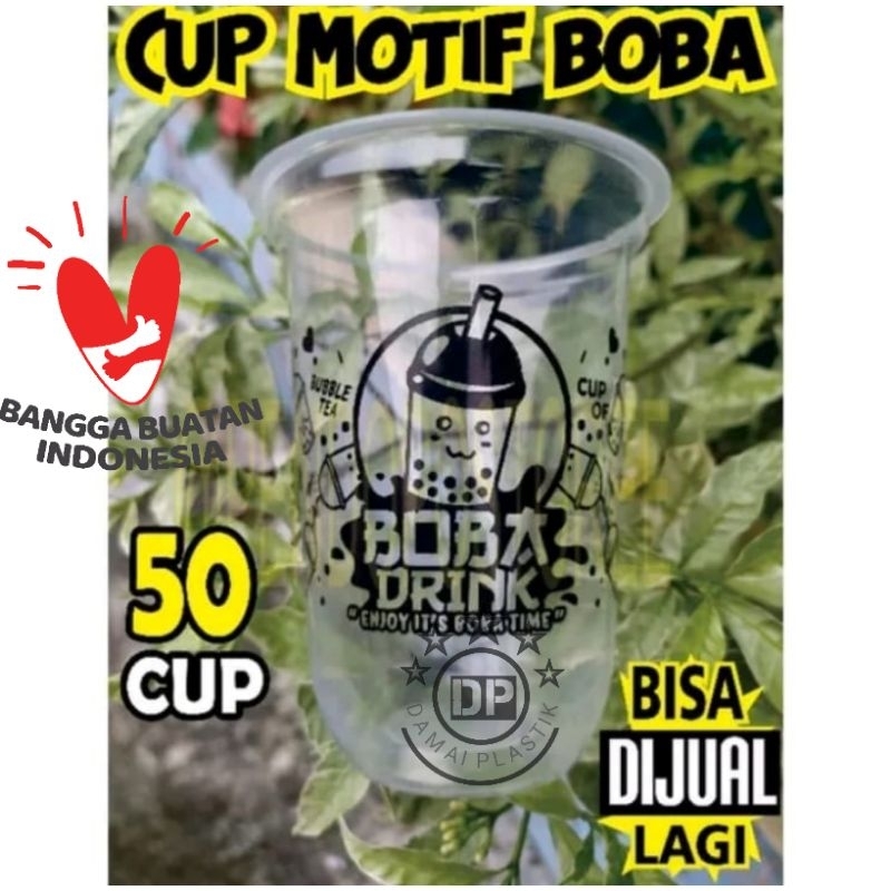 Jual Gelas Cup Plastik Motif BOBA Drink 16oz Gelas Oval 16 OZ Tebal ...
