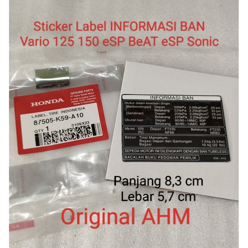 Jual Sticker Label INFORMASI BAN Vario 125 150 eSP BeAT eSP Sonic Ori ...
