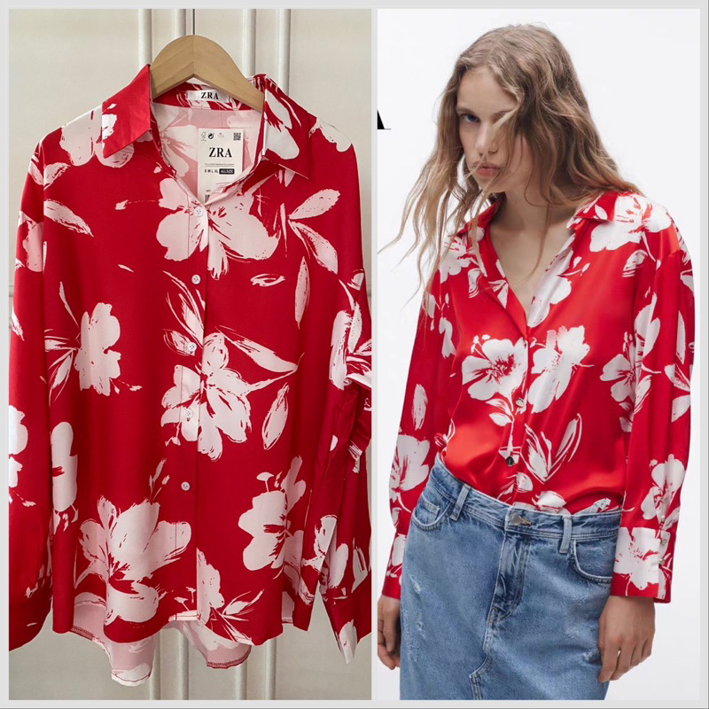 Jual OVERSIZED SHIRT KEMEJA FLORAL ABSTRAK PRINT MOTIF BUNGA MERAH ...