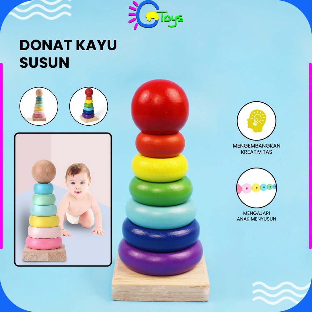 Jual CR-M329 Mainan Anak Ring Donat Kayu Susun Rainbow Unisex / Mainan ...