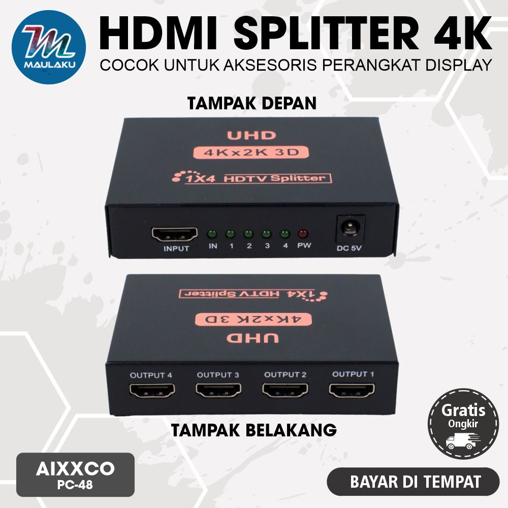 Jual HDMI Splitter 4 Port Support Full HD 4K With Adaptor | Shopee ...