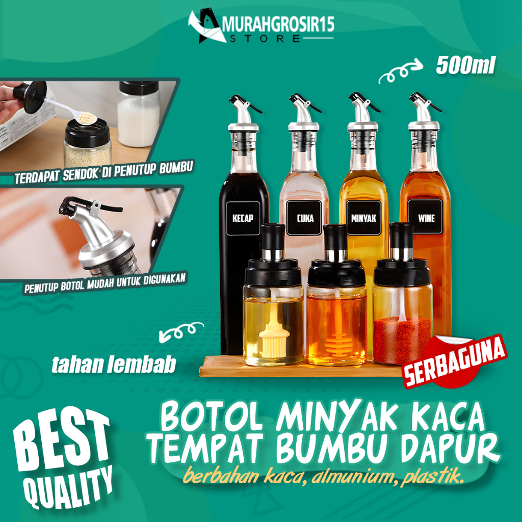 Jual GE-9 BOTOL MINYAK KACA 500ML BOTOL CUKA KECAP SET POURER PENUTUP ...