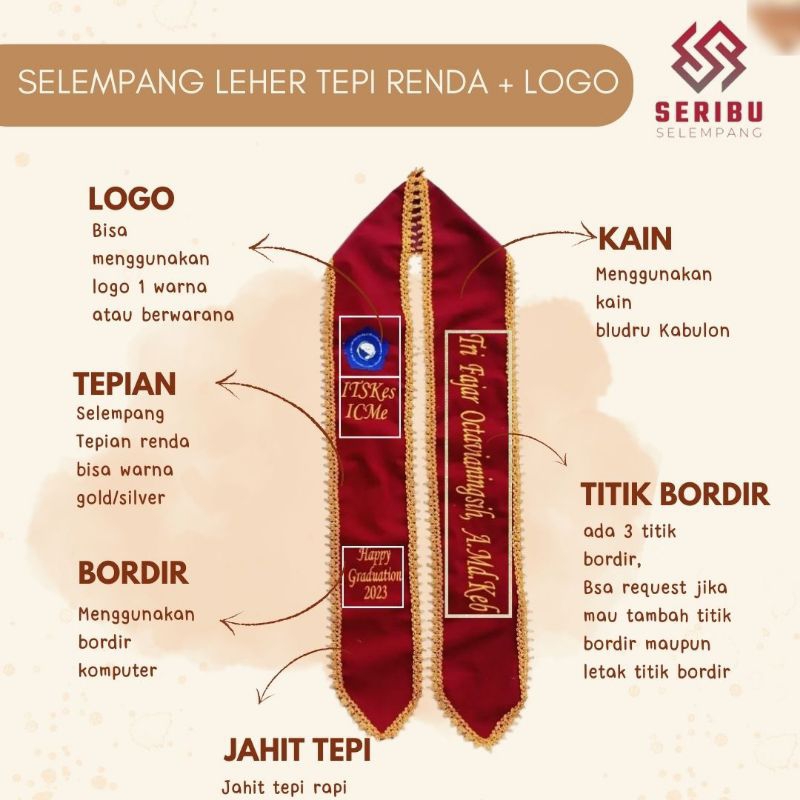 Jual [KILAT 1 HARI JADI] Selempang leher tepi renda + Logo/Selempang ...