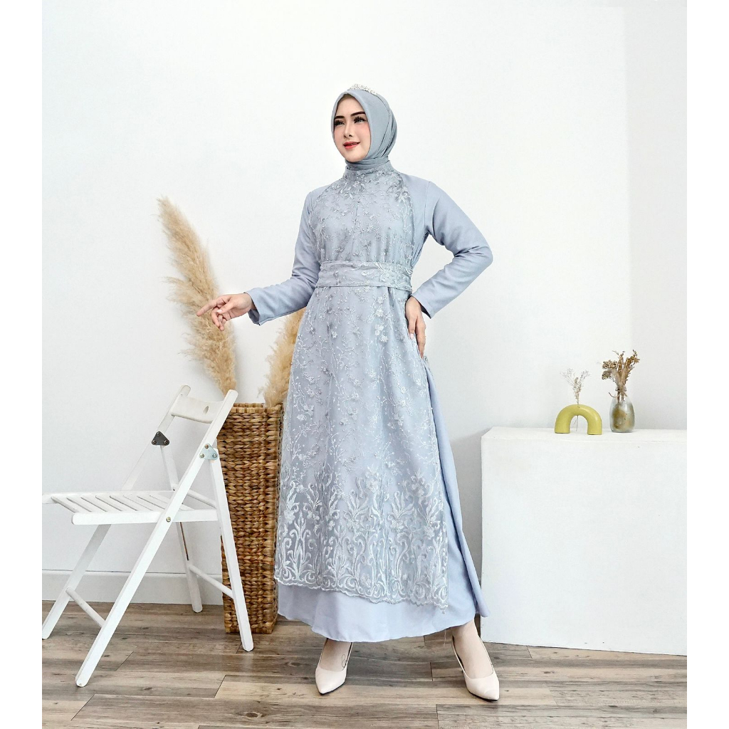 Jual (Realpict) 2IN1 THALITA DRESS INNER + OUTER BRUKAT TILLE PREMIUM / FREE BELT / SET GAMIS ...