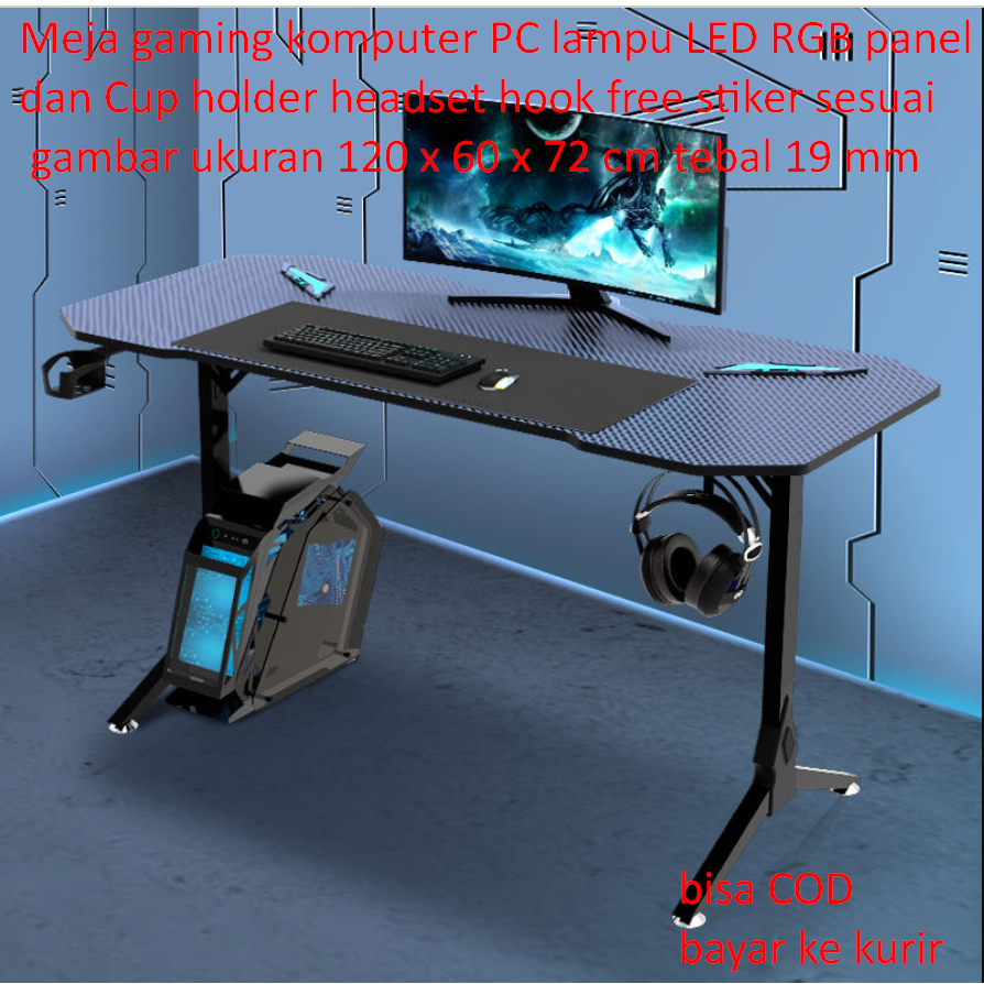 Jual Meja gaming komputer PC lampu LED RGB panel dan Cup holder headset ...