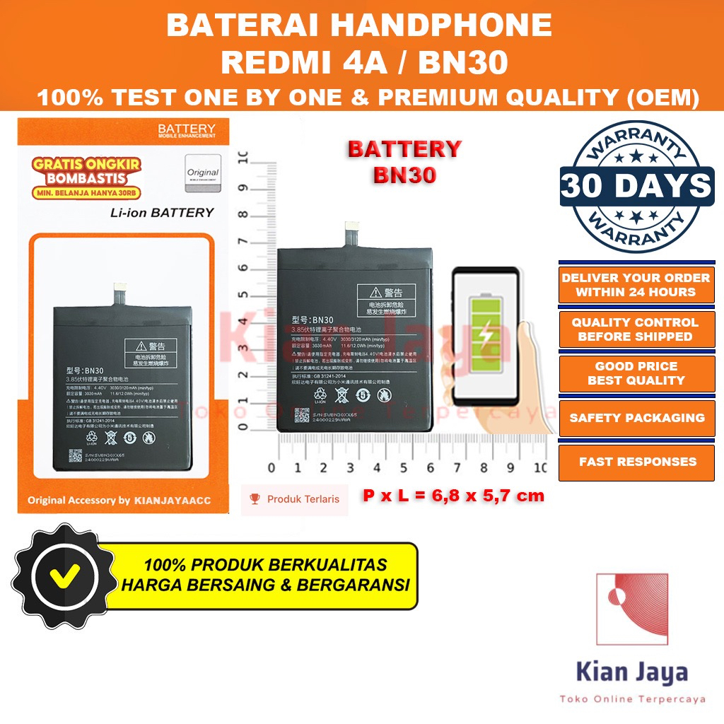 Jual Baterai Redmi 4a BN30 Original OEM Battery Batre Batrai Battery Handphone Hp BN 30 Ori ...