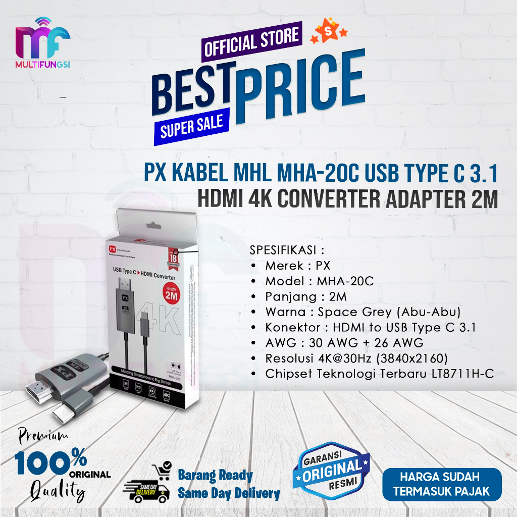 Jual PX Kabel MHL MHA-20C USB Type C 3.1 HDMI 4K Converter Adapter 2m | Shopee Indonesia