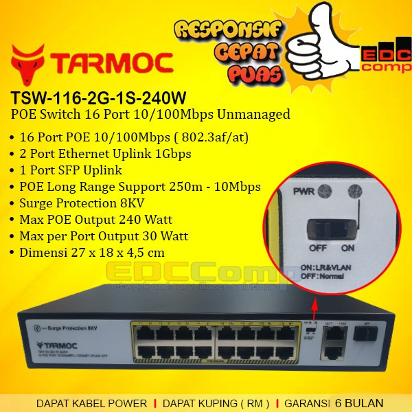 Jual Tarmoc Switch POE HUB CCTV IPCAMERA 16 Port 10/100 + 2 Gigabit ...