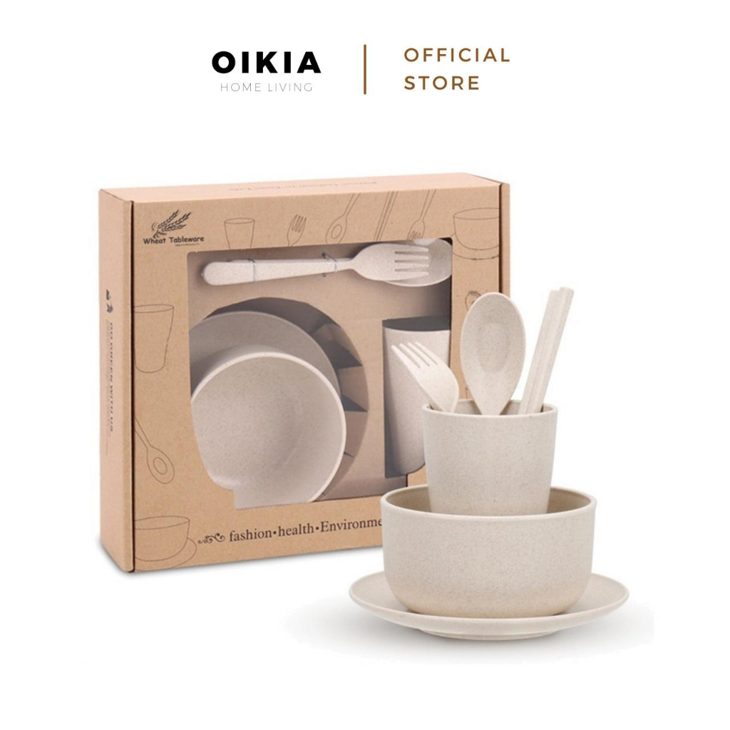Jual OIKIA Peralatan Makan Gandum Set Mangkuk Piring Sendok - Set 6 pcs ...