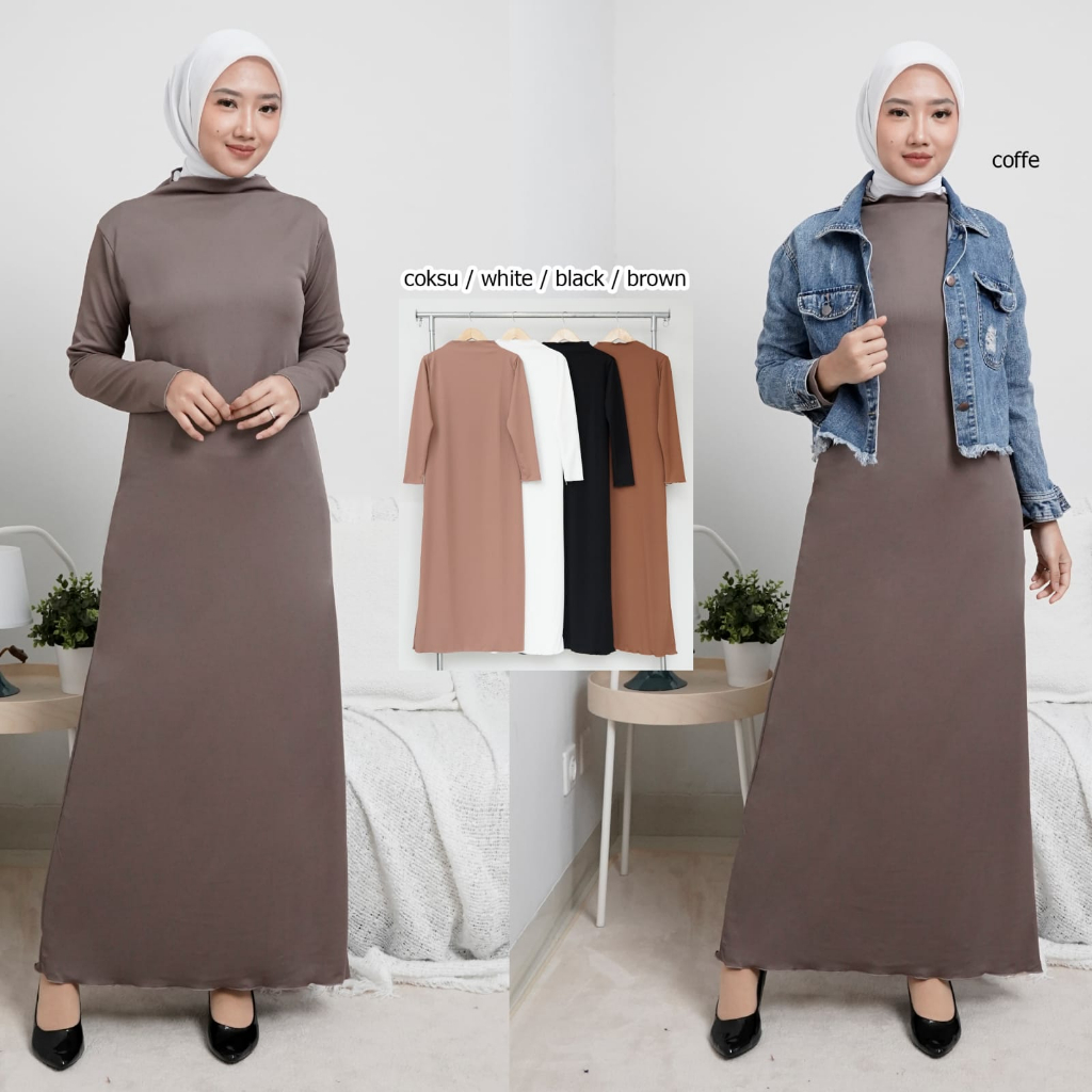 Jual dress inner knit bahan berkwalitas//gamis basic lengan panjang | Shopee Indonesia