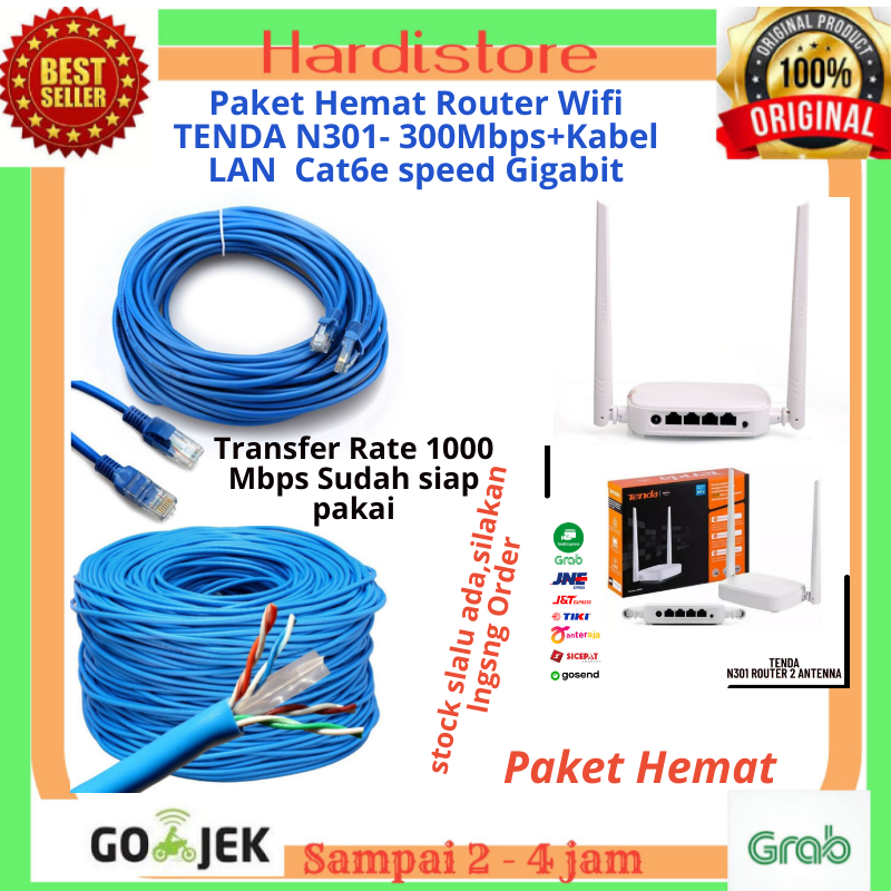 Jual Kabel LAN Indoor Cat6e Gigabit+Router WIFI Tenda N301- 300Mbps ...