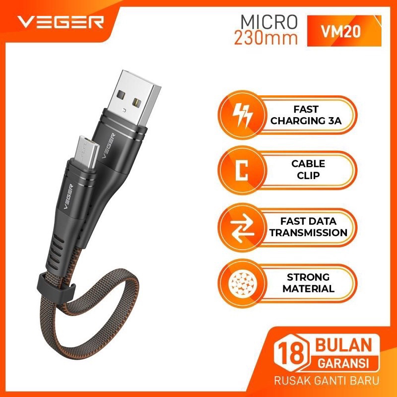 Jual VEGER VM20 MICRO USB 23cm / kabel data VEGER VM-20 MICRO USB 23cm ...