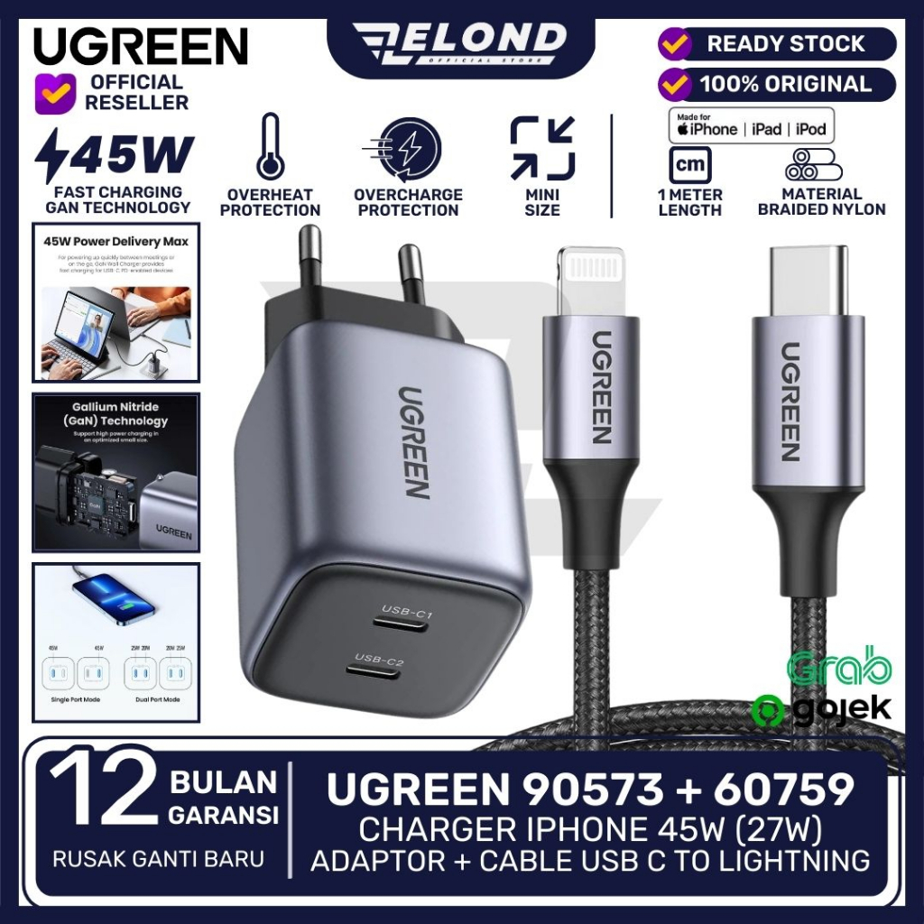 Jual UGREEN Charger iPhone 45W / 30W / 20W Adaptor + Kabel USB C to ...