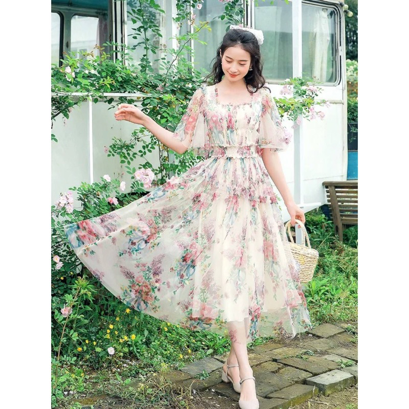 Jual Flavius Dress Tile Floral Vintage Manis Dinner Party Garden Pantai ...