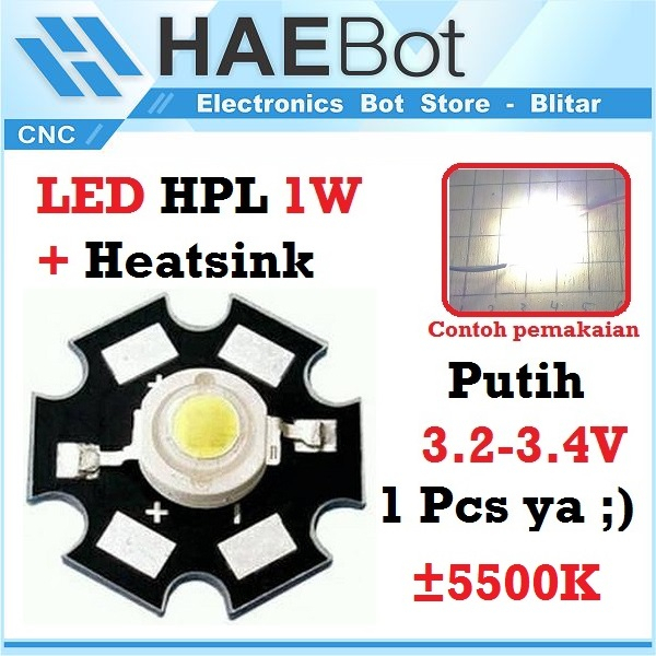 Jual [HAEBOT] LED HPL 1 W Watt Putih White Heatsink 3V Lampu Light ...