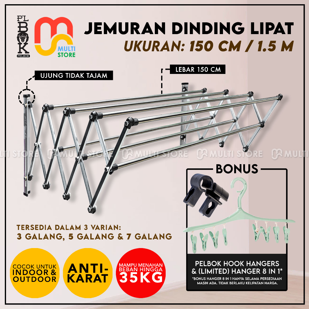 Jual Jemuran Baju Dinding Lipat 150 cm PELBOK Stainless Anti Karat 1,5 ...