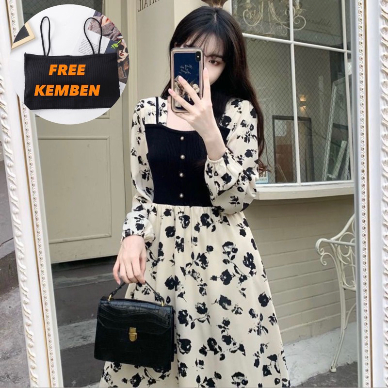 Jual DRESS JUMBO - #DR72 Dress Bunga Vintage Hitam Lengan Panjang ...